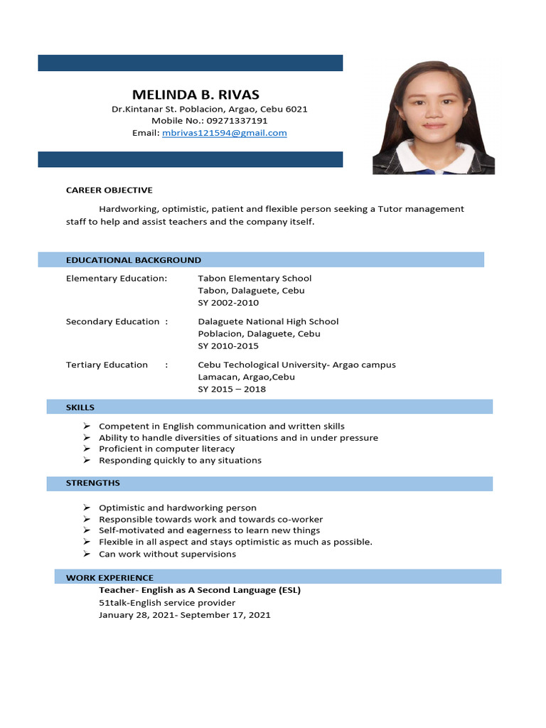 Melinda Rivas - Resume 2 | PDF | English As A Second Or Foreign ...