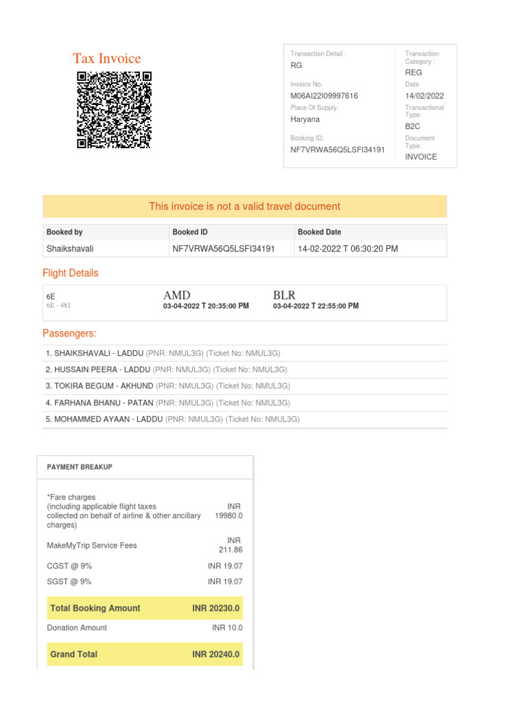 Ahmedabad To Bangalore Invoice | PDF