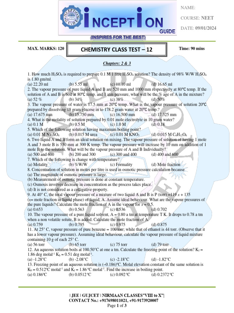 Class 12 Chapt 2 and 3 Objective MCQ | PDF | Physical Chemistry | Metrology