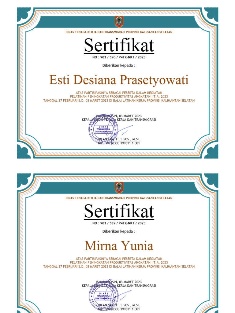 Sertifikat Angkatan 1 + Gelar | PDF