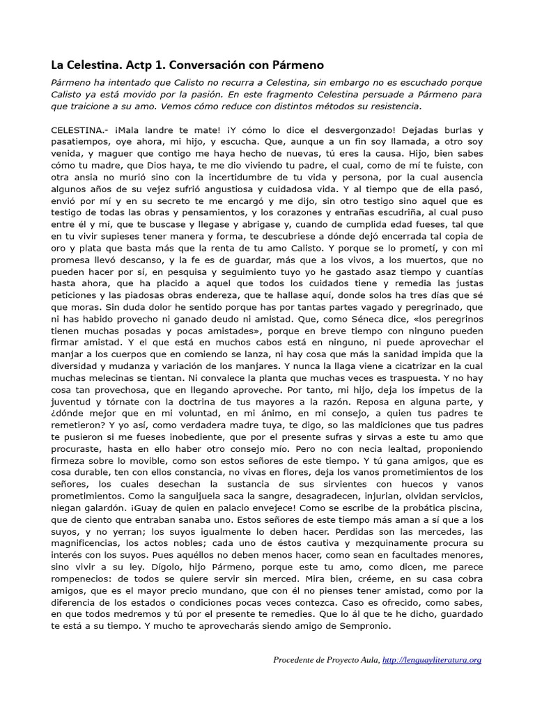 Rojas. La Celestina. Capitulo 001. Conversación Con Pármeno | PDF