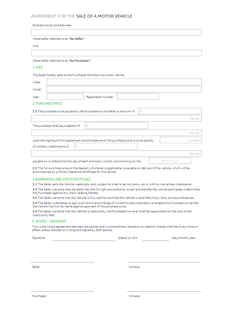 Voetstoots Car Sale Agreement Template | PDF | Prices | Private Law