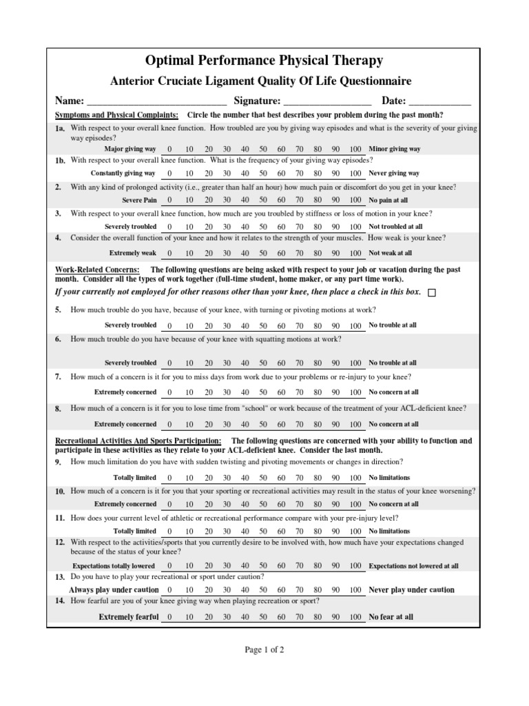 Anterior Cruciate Ligament Quality of Life Questionnaire | PDF | Knee ...