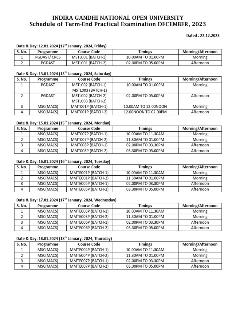 Date Sheet of Practical Exam For DECEMBER 2024 | PDF