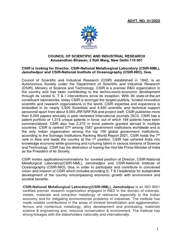 Advt-No.1-2023-CSIR - NML & NIO | PDF | Science Advt-No.1-2023-CSIR - NML & NIO | PDF | Science