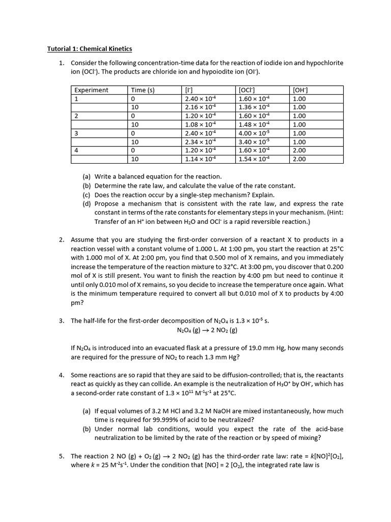 Tutorial 1 - Chemical Kinetics | PDF | Reaction Rate | Chemical Reactions