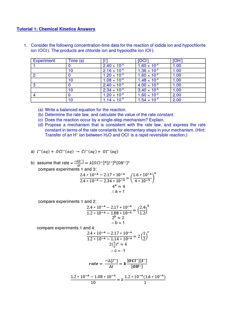 Tutorial 1 - Chemical Kinetics Answers - Suggested 2022 | PDF | Reaction Rate | Reaction Rate ...