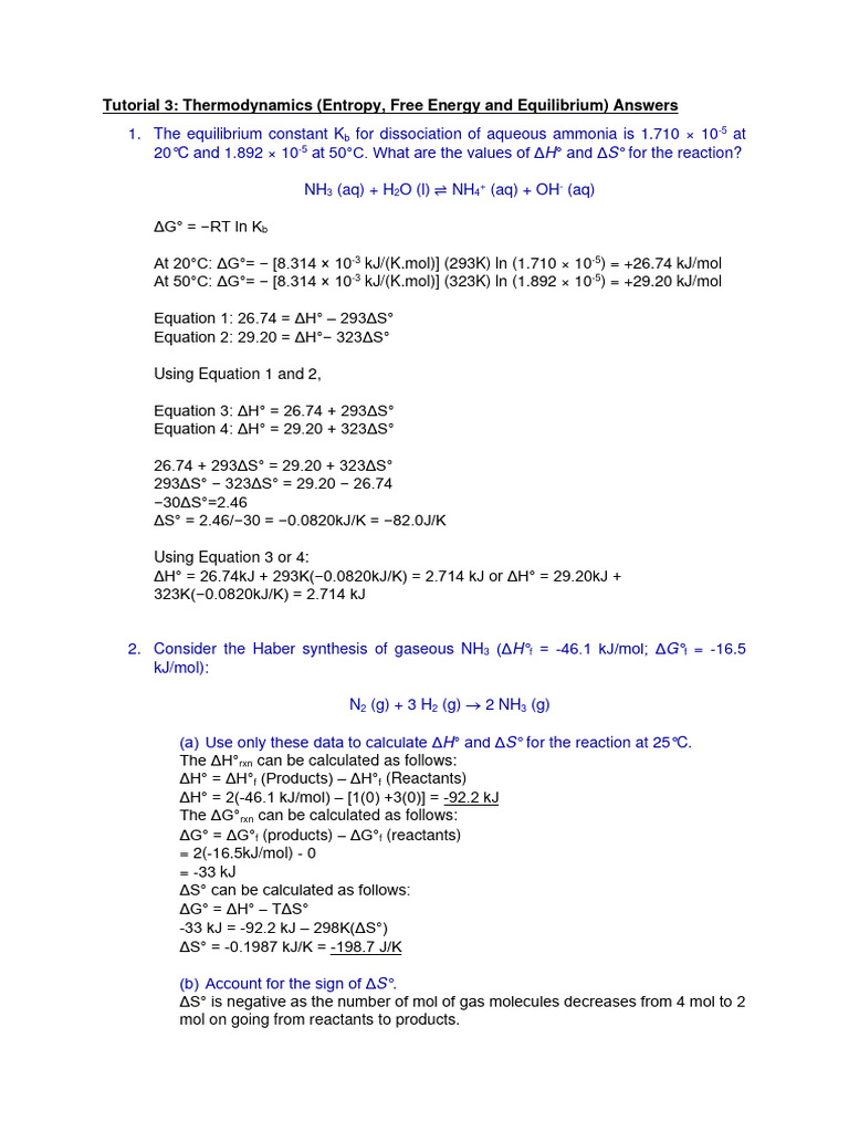 Tutorial 3 - Thermodynamics 2022 Answers - Suggested | Download Free PDF | Gibbs Free Energy ...
