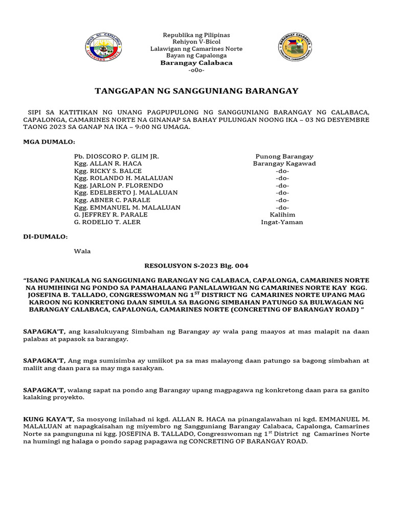 Resolution 004-Concrete of Barangay Road | PDF