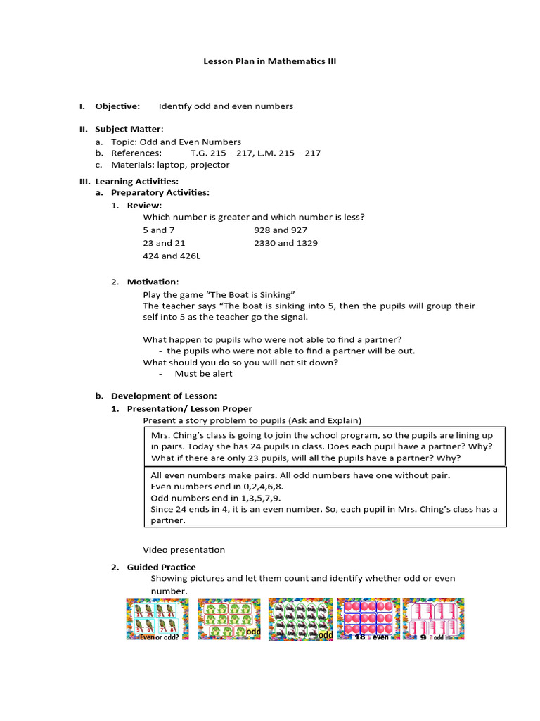 Odd and Even Numbers Lesson Plan | PDF | Lesson Plan | Cognition