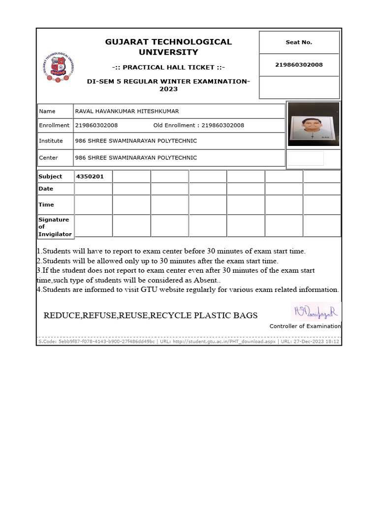 Sem 5 Hall Ticket 2 | PDF