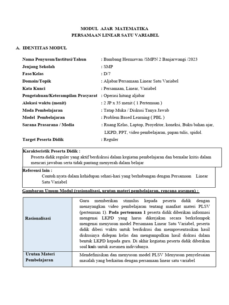 Modul Ajar Persamaan Linear Satu Variabel | PDF | Sains & Matematika