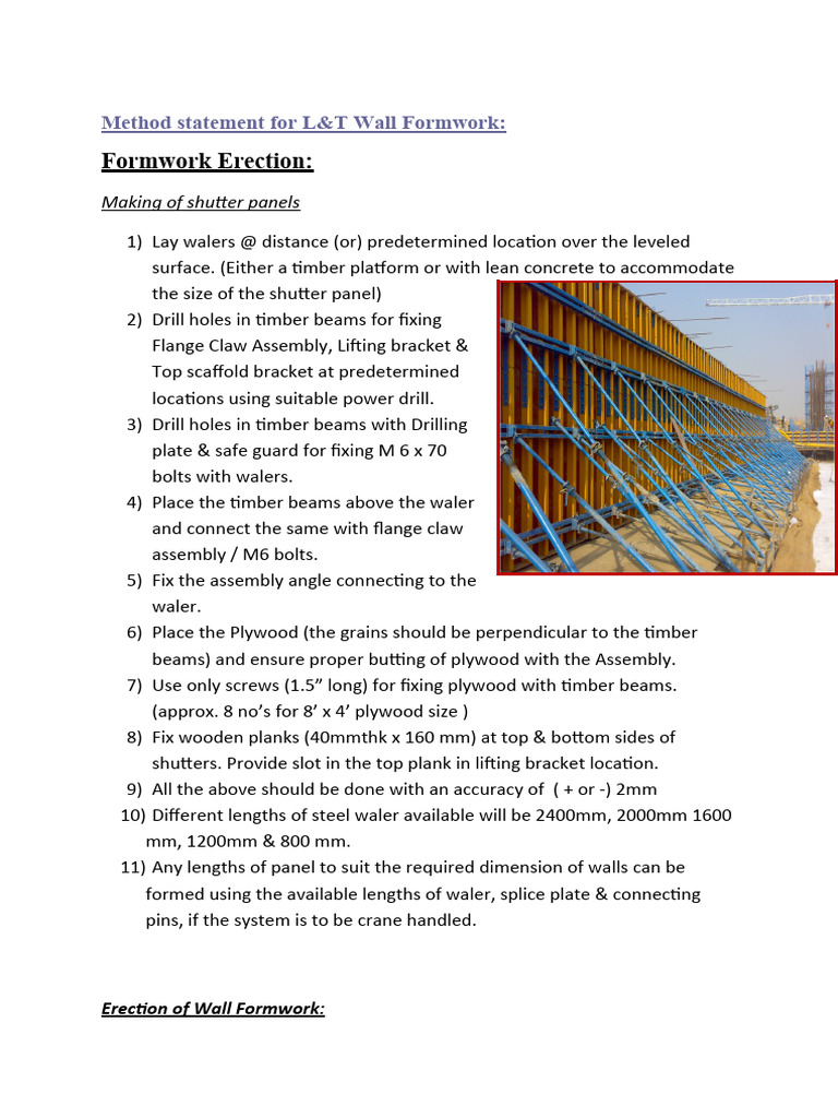 Method Statement For Wall Formwork | PDF | Scaffolding | Screw