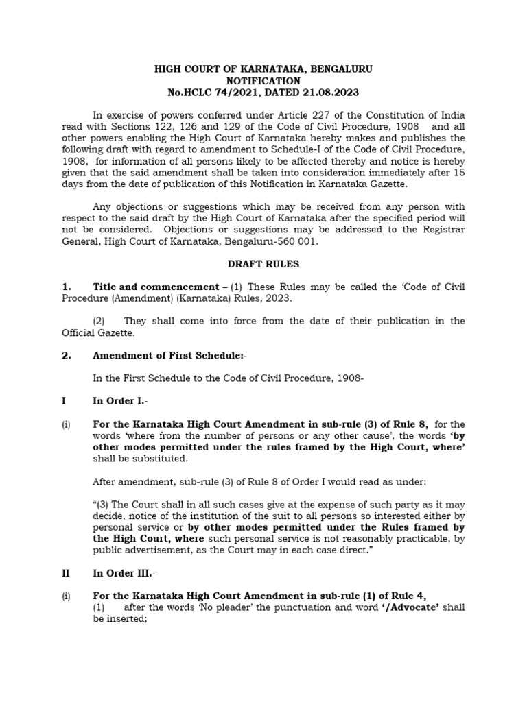 Draft-Cpc-Rules-2023 Karnataka | PDF | Mail | Decree