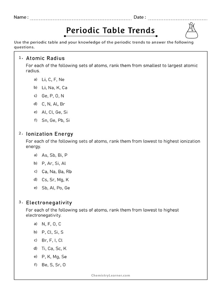 Periodic Trends Worksheet With Answers Chemistry | PDF