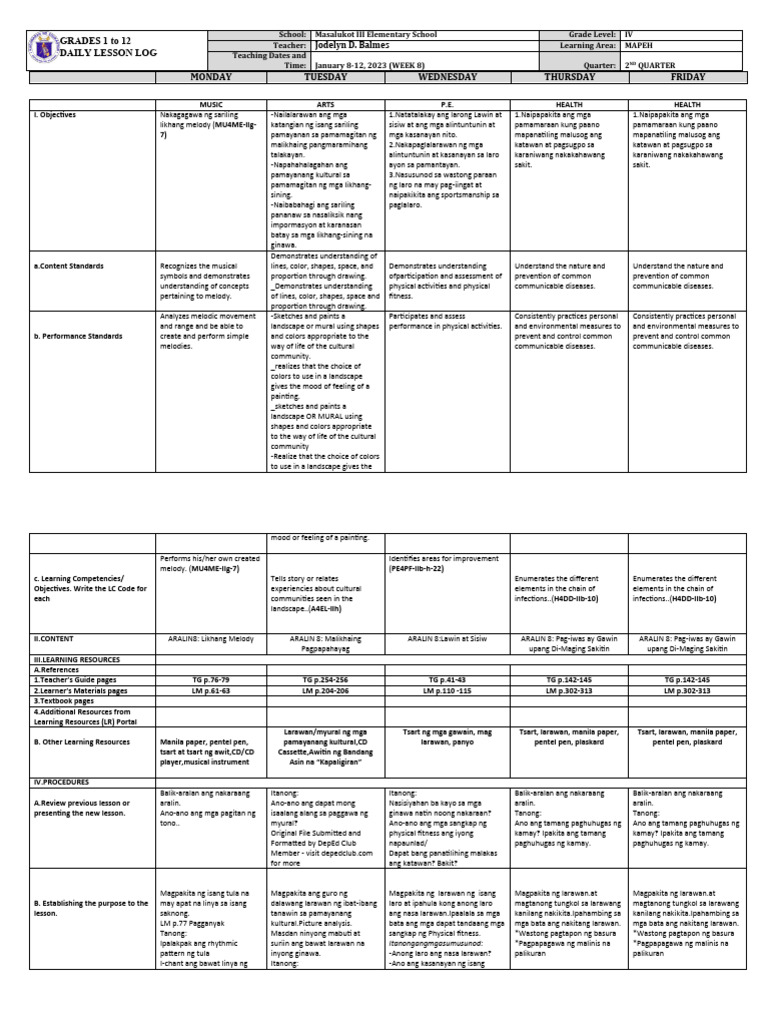 DLL - Mapeh 4 - Q2 - W8 | PDF