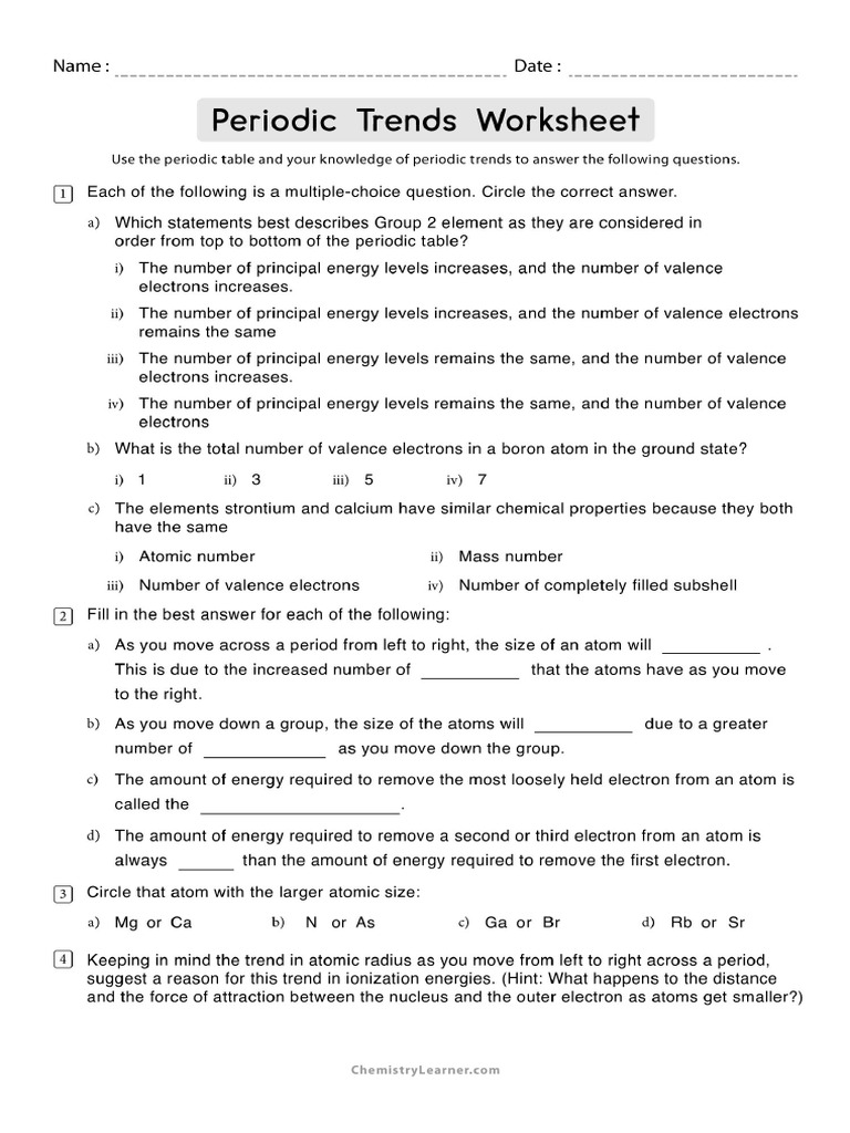 Periodic Trends Investigation Review Worksheet With Answers | PDF