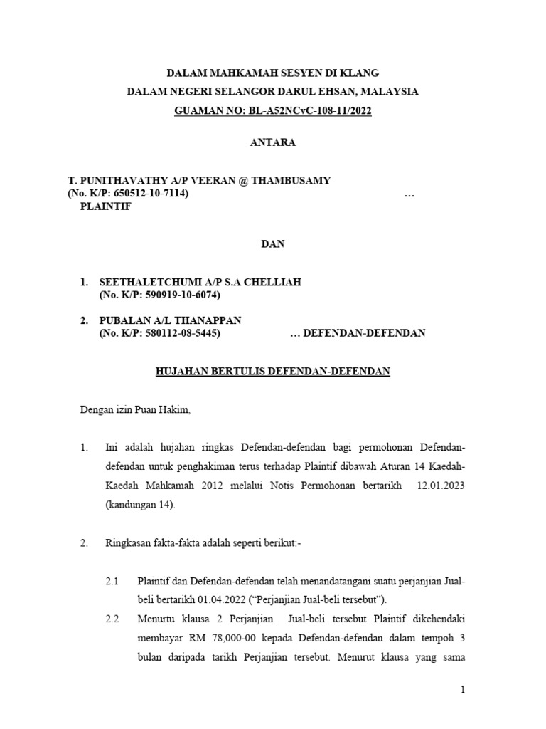 Hujahan (O14) Bertulis Defenden | PDF