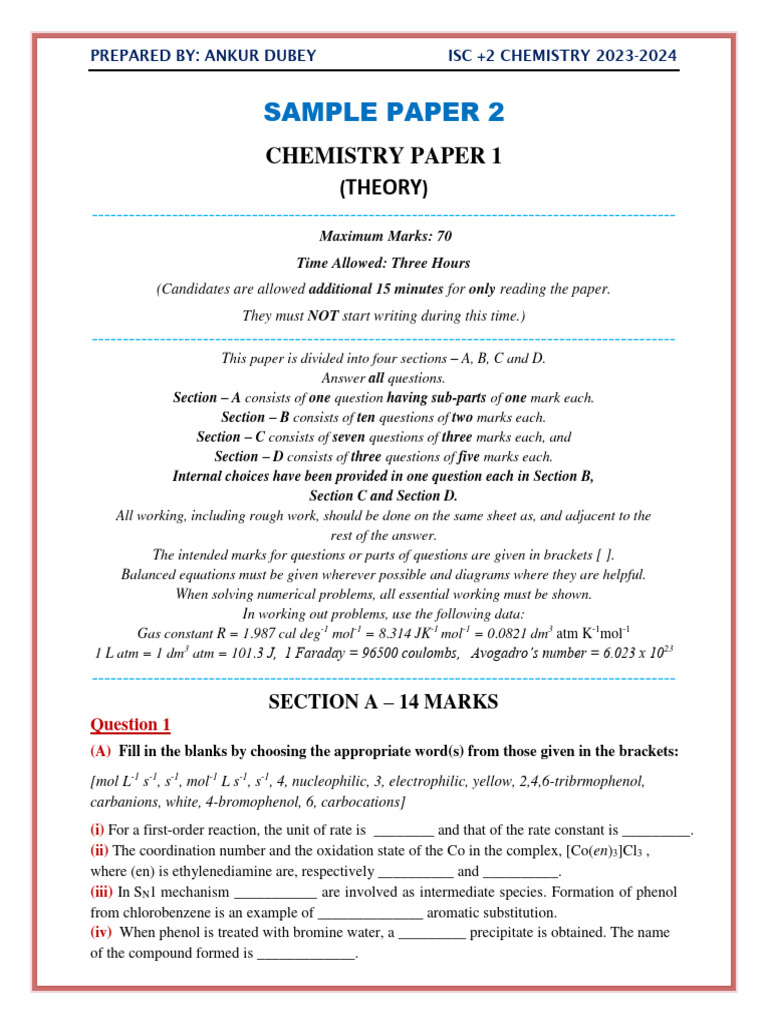 Sample Paper 2 | Download Free PDF | Precipitation (Chemistry) | Coordination Complex