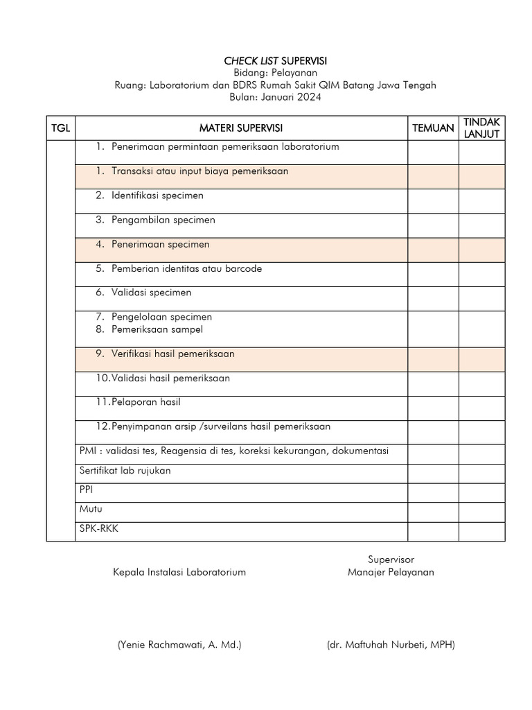 CHECK LIST SUPERVISI Instalasi Laboratorium Rumah Sakit QIM Batang Jawa ...