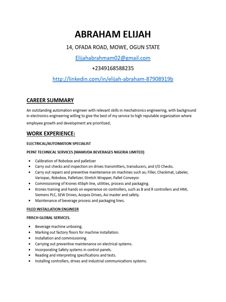 Abraham Elijah Cv... | PDF | Programmable Logic Controller | Automation