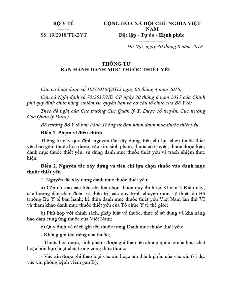 19.2018.TT-ByT Ban Hành Danh Mục Thuốc Thiết Yếu | PDF