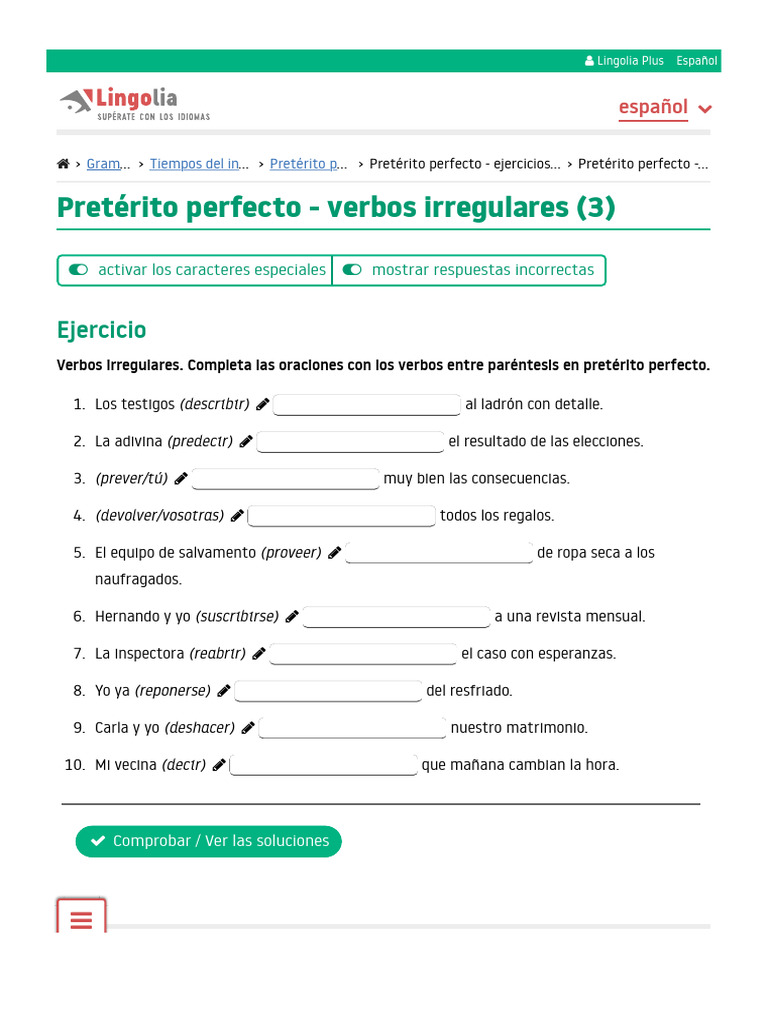 Preterito Perfecto - Verbos Irregulares | PDF