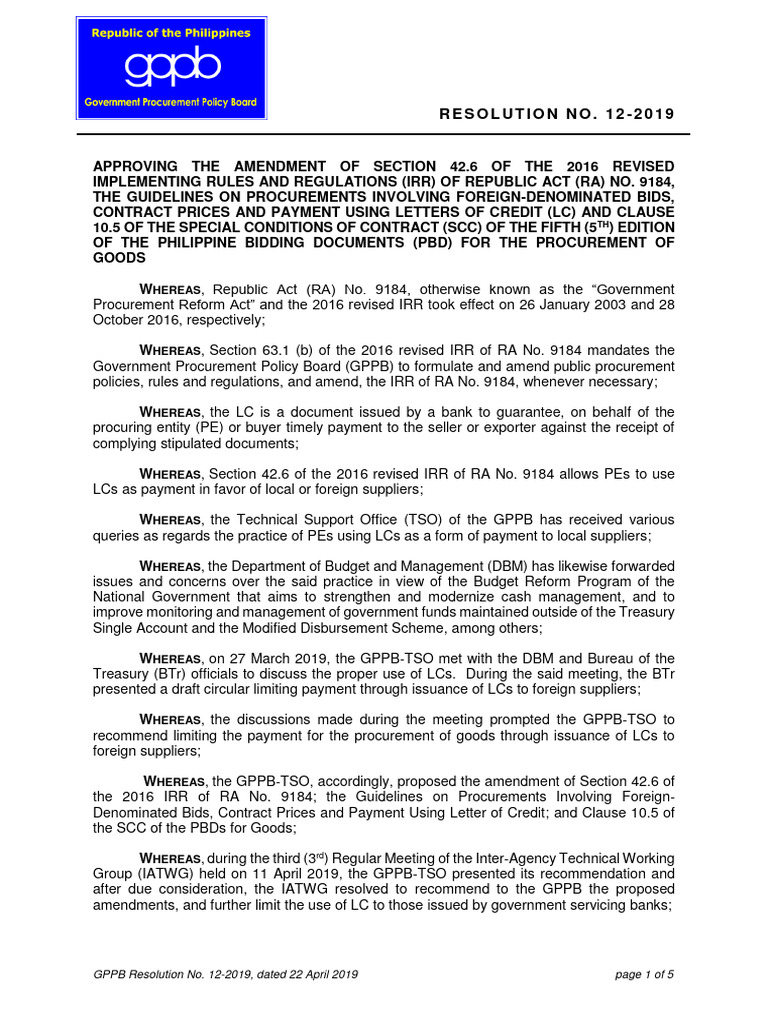 GPPB Resolution No. 12 2019 | PDF | Letter Of Credit | Economies