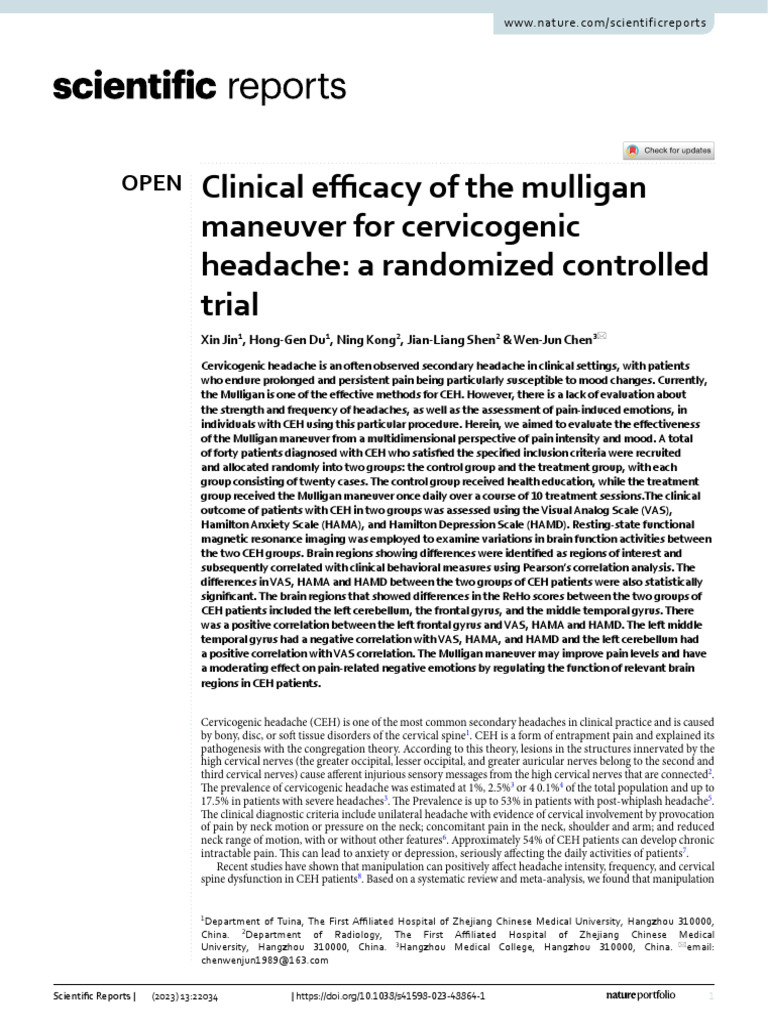 Clinical Efficacy of The Mulligan Maneuver For Cervicogenic Headache ...