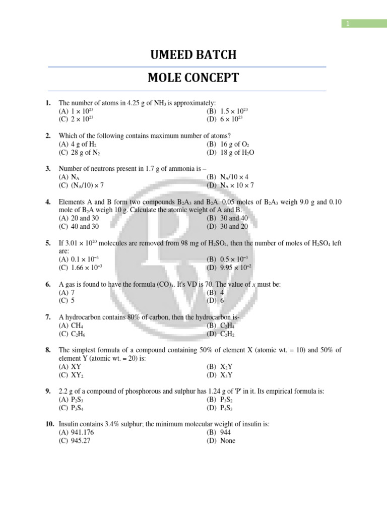 Mole Concept Full Chapter Practice Sheet - 220627 - 1 - 220627 - 155952 ...