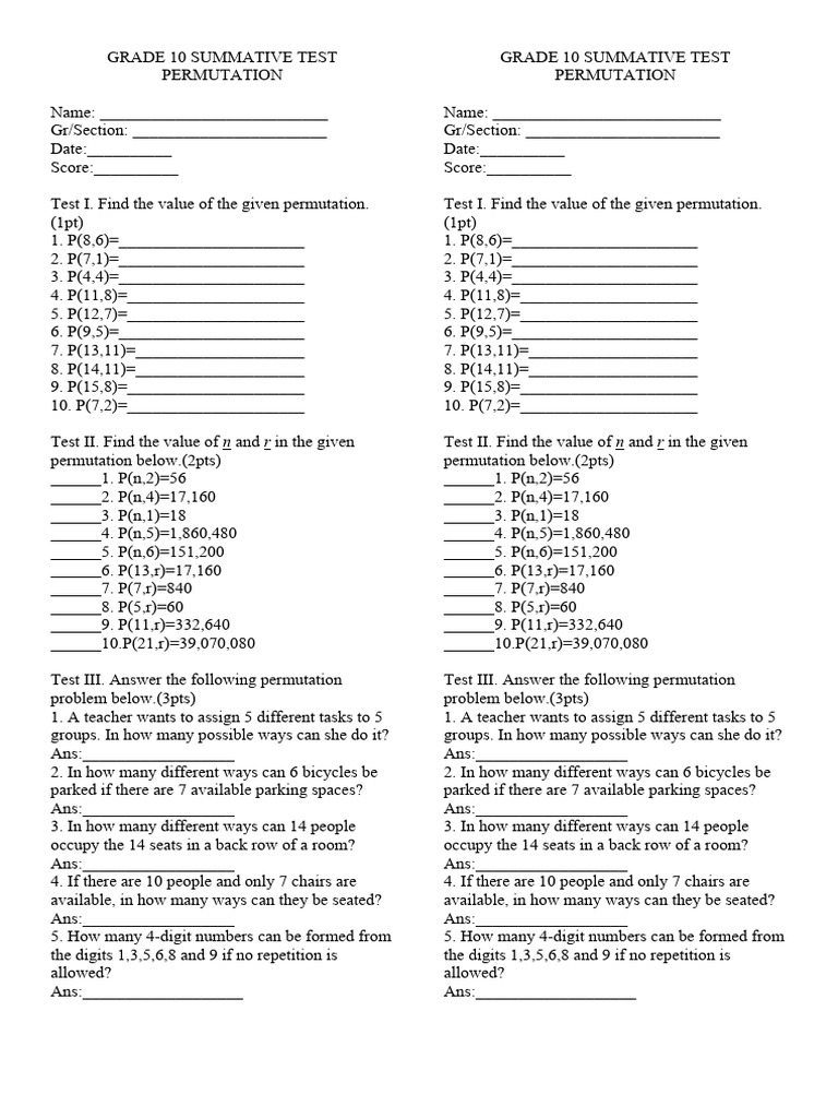 GRADE 10 SUMMATIVE TEST (Permutation) | PDF | Mathematics | Combinatorics
