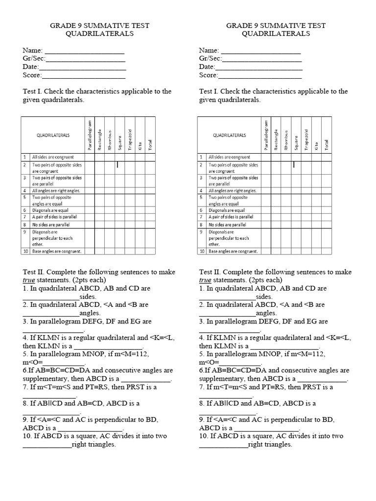 Grade 9 Summative Test (Quadrilaterals) | PDF | Elementary Mathematics ...