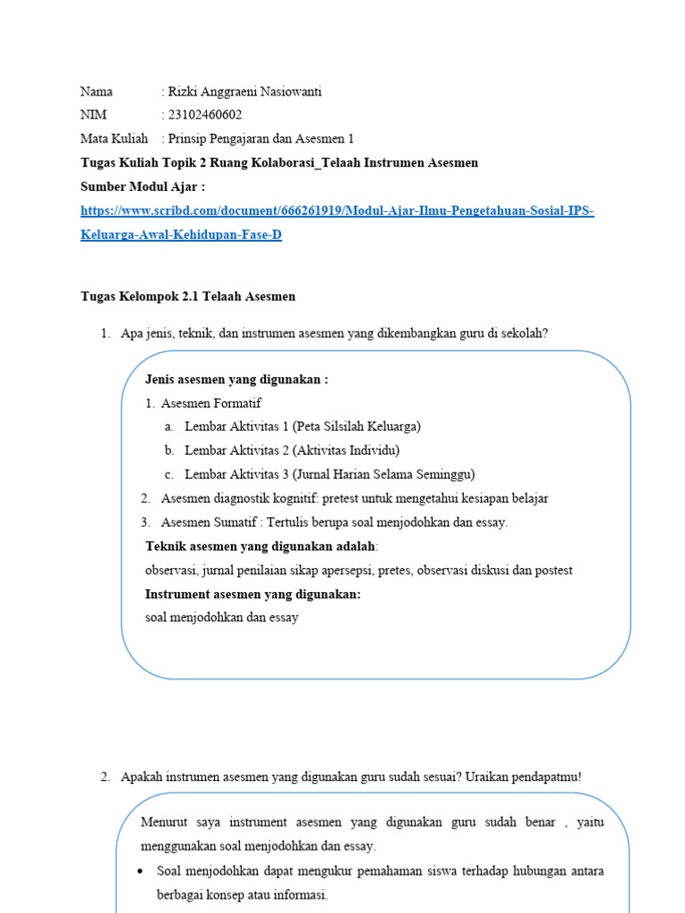 Tugas Kelompok 2.1. Telaah Instrumen | PDF | Sains & Matematika