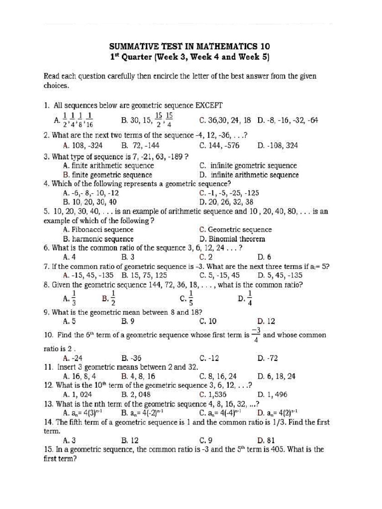 Summative Test Geometric Sequence | PDF