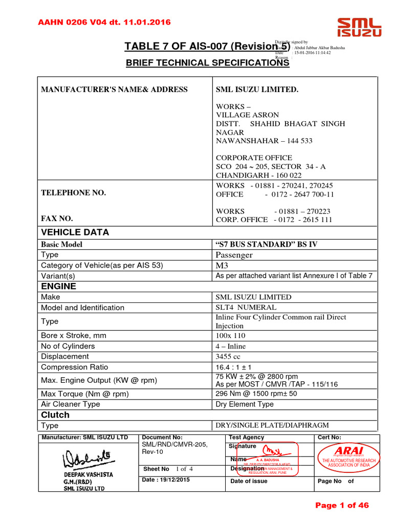 SML Isuzu Bus Technical Specifications | PDF | Brake | Tire
