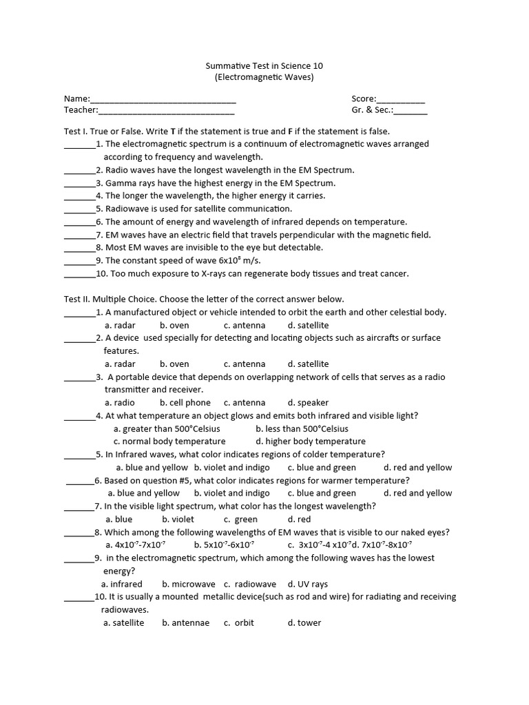 Summative Test in Science 10 Q2 (EM Waves) | PDF | Electromagnetic ...