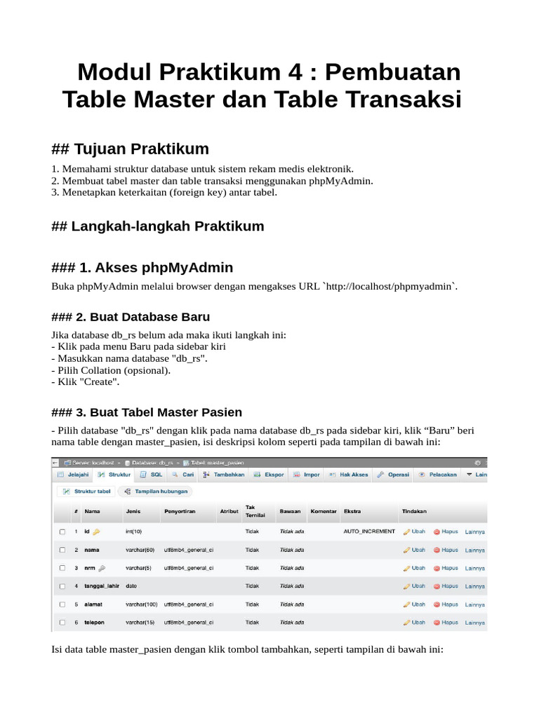 Praktikum Pembuatan Tabel Database Medis | PDF