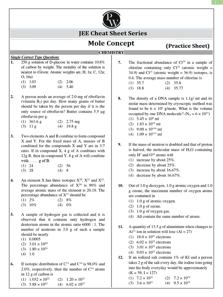 Mole Concept - Practice Sheet | PDF | Mole (Unit) | Iron