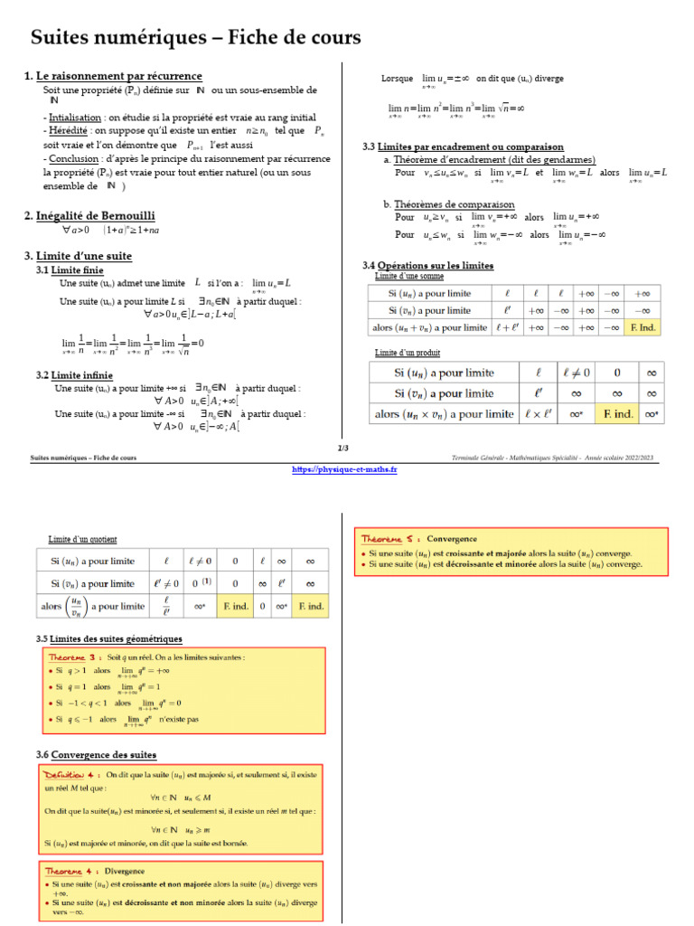 Fiche de cours sur les suites numériques | PDF | Limite (mathématiques ...