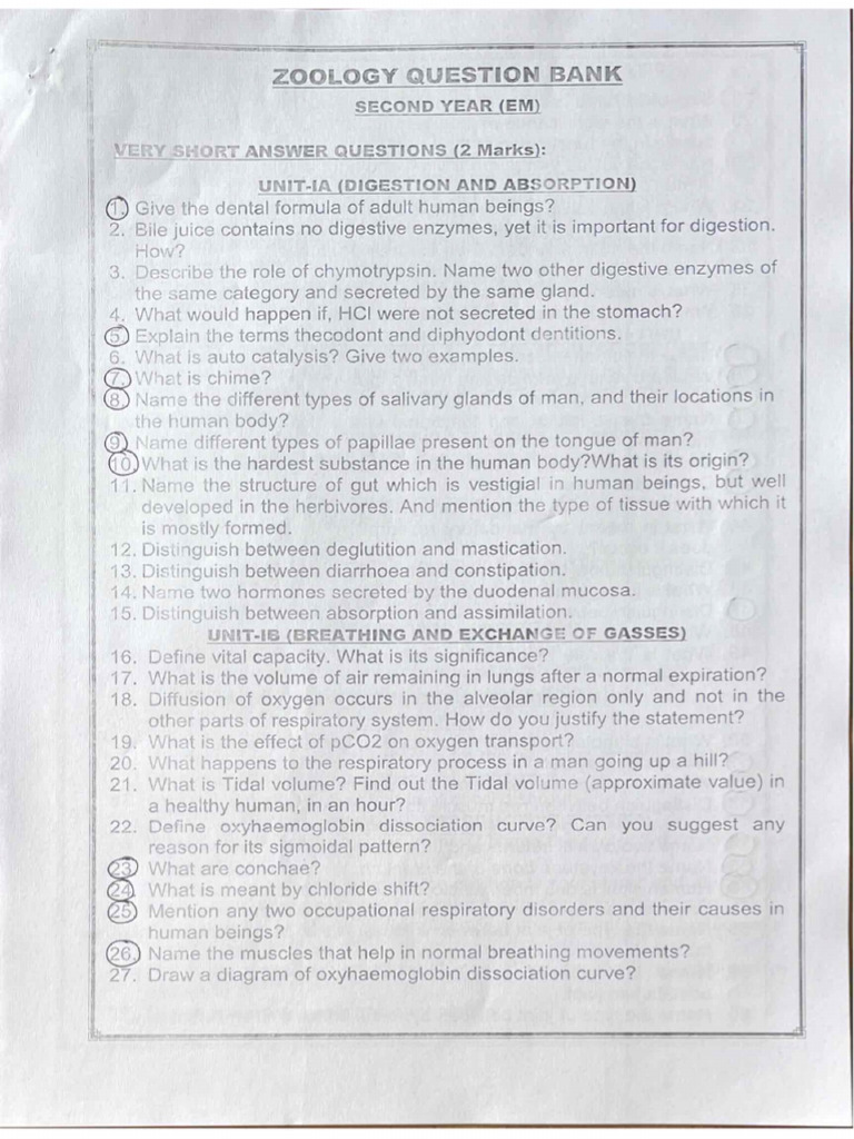 Zoology Questions 2nd Yr EM | PDF