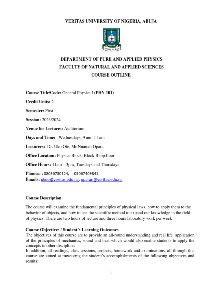 PHY 101 Course Outline 2023 - 2024 2 | PDF | Momentum | Euclidean Vector