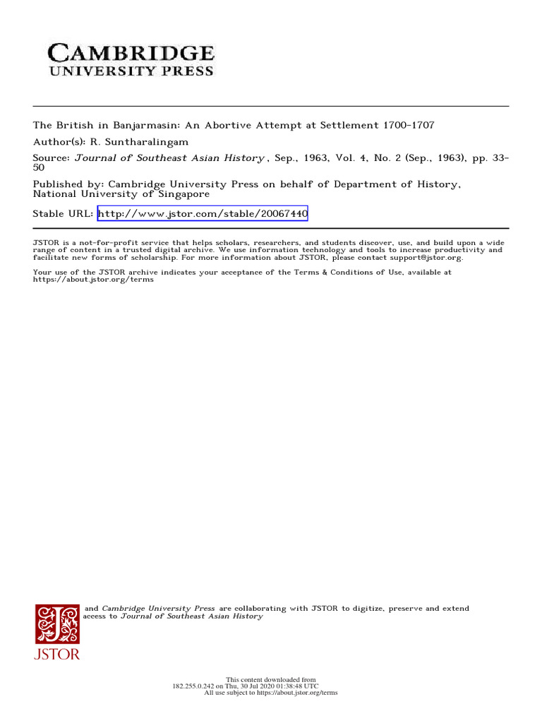 The British in Banjarmasin - An Abortive Attempt at Settlement 1700-1707 | PDF | Java | Borneo