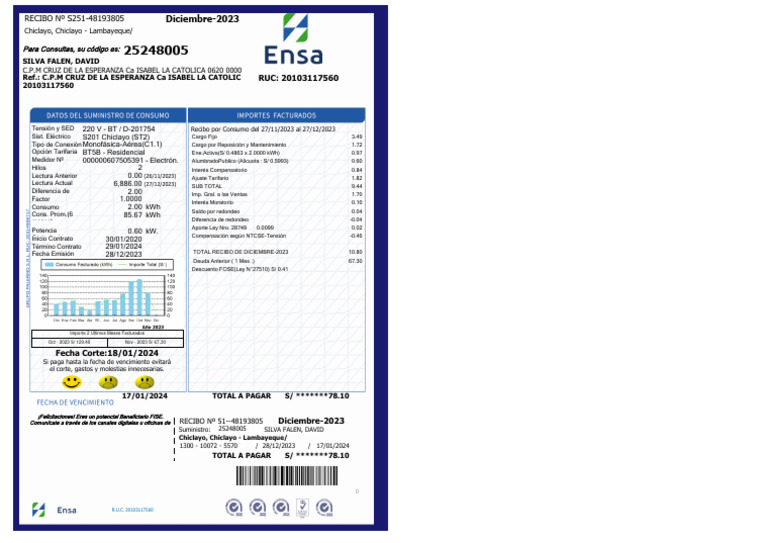 Recibo ENSA DIC | PDF | Electricidad | Ingenieria Eléctrica