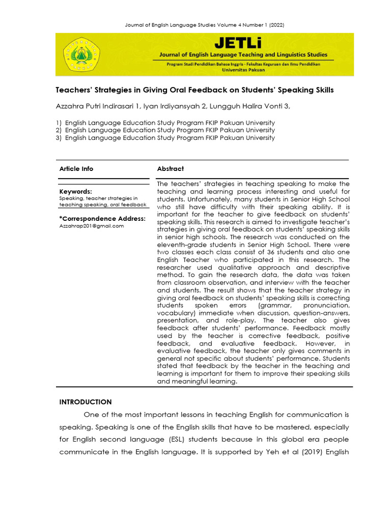 Teachers' Strategies in Giving Oral Feedback On Students' Speaking ...