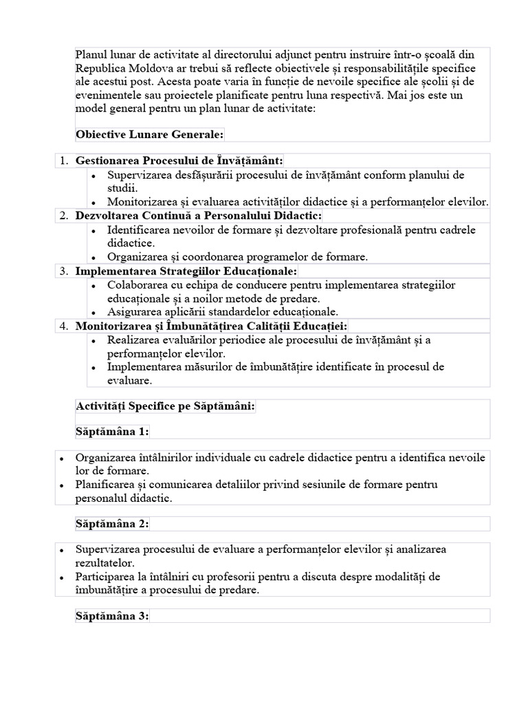 Planul Lunar de Activitate Al Directorului Adjunct Pentru Instruire ...