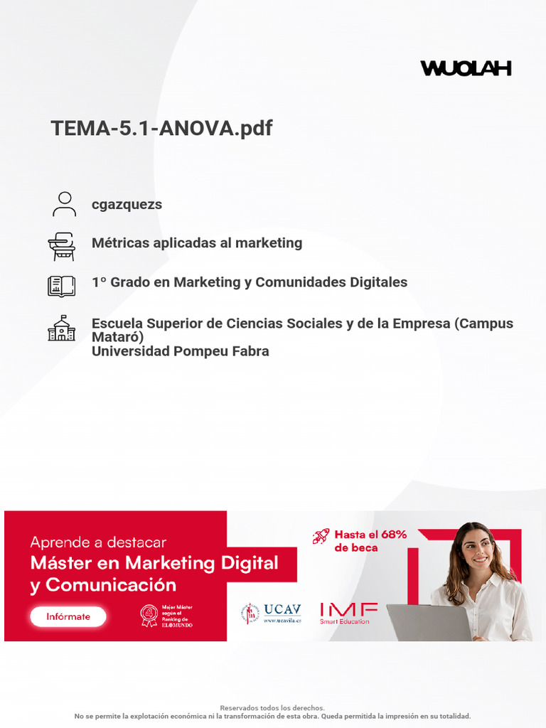 Wuolah Free TEMA 5.1 ANOVA | PDF | Análisis de variación | Teoría estadística