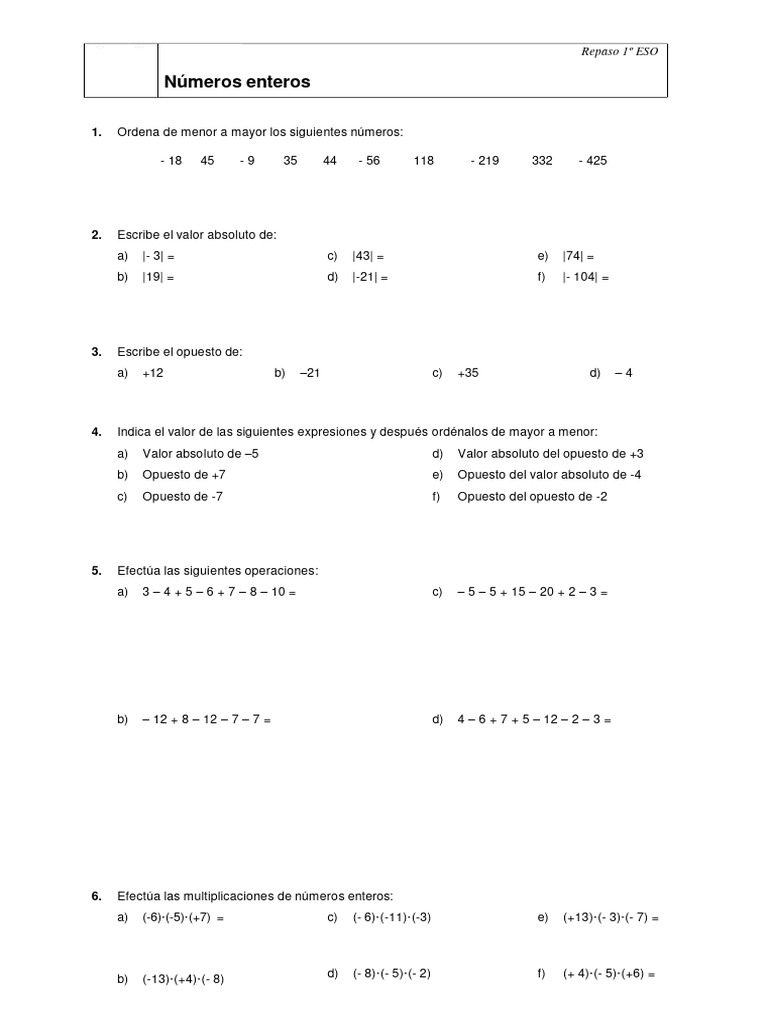 Repaso Enteros | PDF