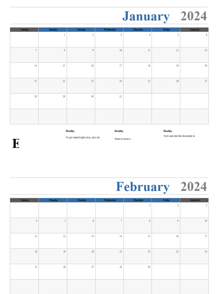 Horizontal Calendar Sunday Start | PDF