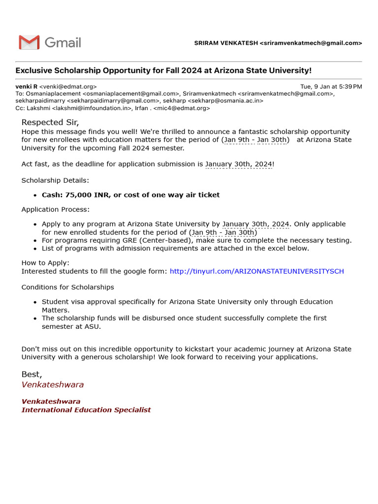 ASU Fall 2024 Scholarship Offer | PDF