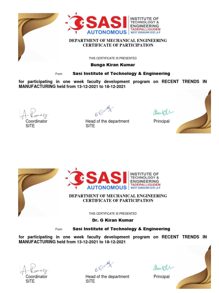 FDP Certificates On 13-12-2021 - To 18-12-2021 | PDF | Engineering